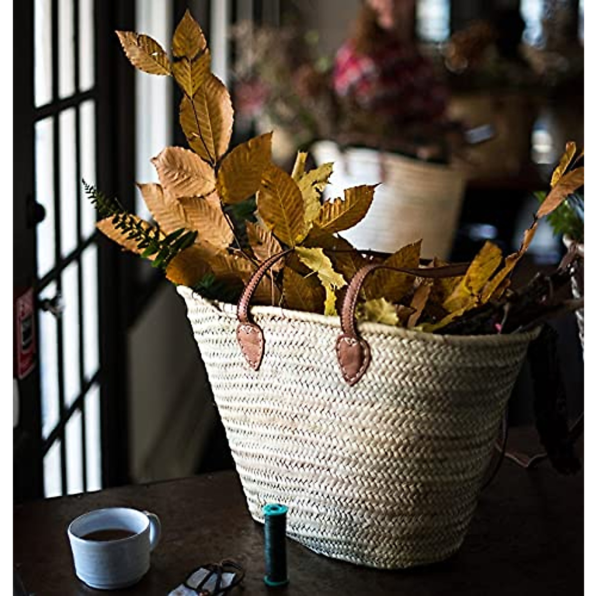 Generic straw bag Handmade Basket, Beach Bag, Natural Basket long Flat Leather Handle