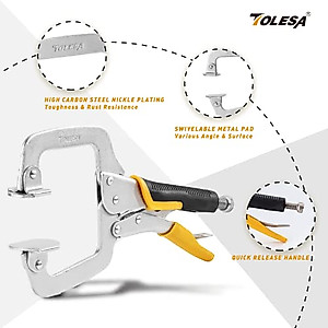 Metal Face Clamps for Woodworking - TOLESA 11 Inch Pocket Hole Jig Clamp Heavy Duty C Clamp Set Welding Clamps with Swivel Pad Adjustable Vise Grip Wood Clamp for Pocket Hole Joinery Cabinet Carpentry