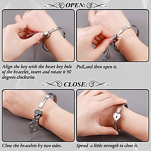 Hicarer 2 Sets Couple Heart Charm Lock Bracelet and Key Necklace Lock Matching Bangle Titanium Steel Couples Jewelry Set for Valentine's Day Wedding Anniversary (Classic Styles)