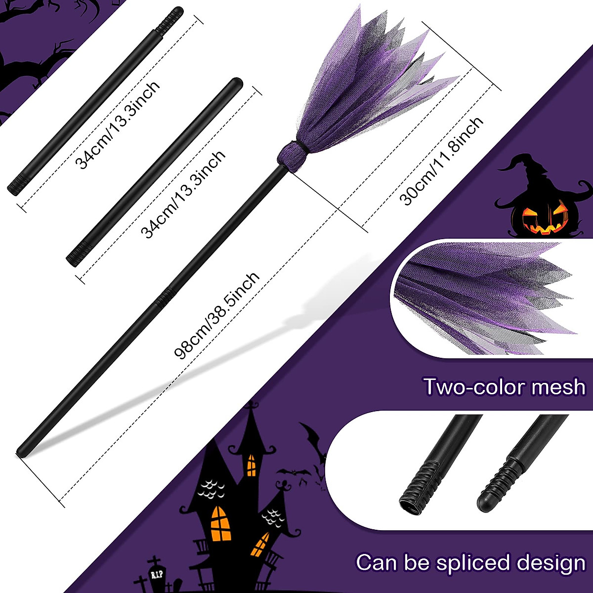 Vicenpal 3 Pcs Halloween Witch Accessories Black Witch Shoe Covers Socks Broomstick Witch Broom for Halloween Cosplay Costume (Purple)