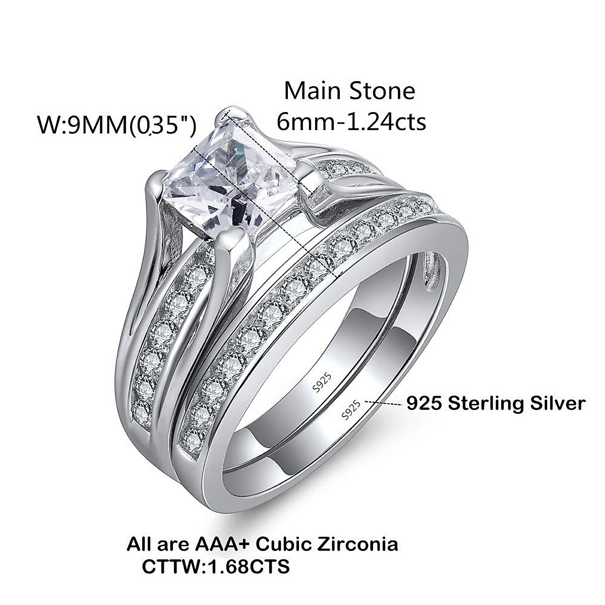 MABELLA 925 Sterling Silver Cubic Zirconia Princess Cut Women's Wedding Engagement Bridal Ring Set Size 6