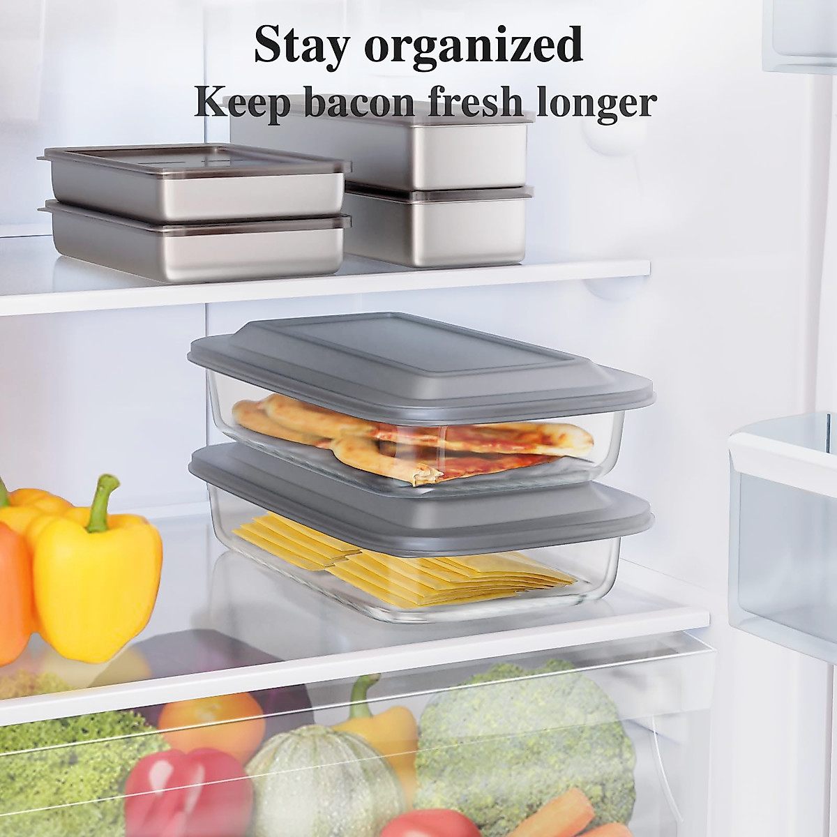 Microwave Bacon Cooker with Cover，Glass Airtight Bacon Container Keep for Refrigerator BPA Free Dishwasher and Microwave Oven Safe Refrigerator Organizers and Storage for Cheese lunchmeat Pizza Cooker