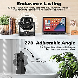 Camping Fan Rechargeable, 10400mAh Portable Battery Operated Camping Fan for Tents, Hangable USB Silent Camping Fans with LED Lantern, Suitable for Fishing, Camping, Bedroom, Workplace (Orange)