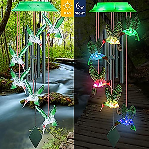 Solar Wind Chimes for Outside - 37" WANQDG 6 LED Hummingbird Color Changing Wind Chime with 4 Green Metal Tube, Music Wind Chimes Great as a Gift for Women mom Grandma Best Friends' Birthday Gift