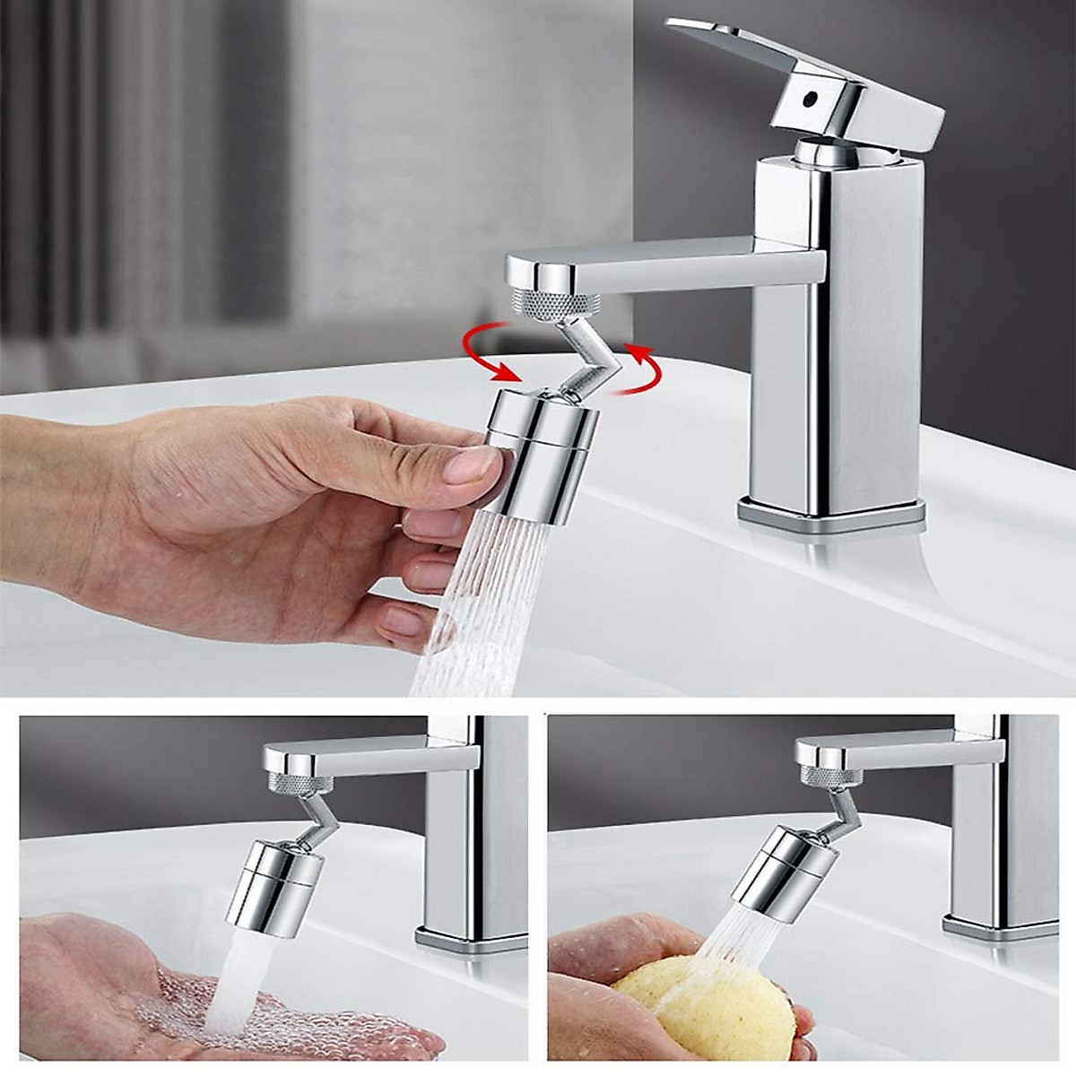 Swivel Sink Faucet Aerator Big Angle Dual-function 2-Flow Sprayer Faucet Head, Sink Sprayer Attachement for Face Washing, Gargle and Eyewash Station（ 55/64'' Female Thread,Adapter Included）