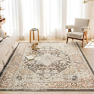 CHOSHOME Area Rug - 8x10 Low-Pile Machine Washable Rug Vintage Rug with Non-Slip Backing, Non-Shedding Indoor Floor Rugs for Living Room Bedroom Kitchen Laundry Home Office Carpet, Brown