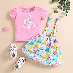 Toddler Baby Girl Easter Outfit Ruffle Short Sleeve T-Shirt Top Bunny Print Suspender Skirt 2Pcs Clothes Set (Pink, 3-4T)