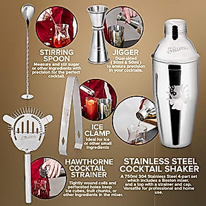 5 pc. Cocktail Shaker Bar Set by Tom Bullock's, The Original Tastemaker: 25 oz Stainless Steel Shaker, Double Measuring Jigger, Stirrer/Mixer Spoon, Strainer and Ice Tongs. Become The Ideal Bartender!