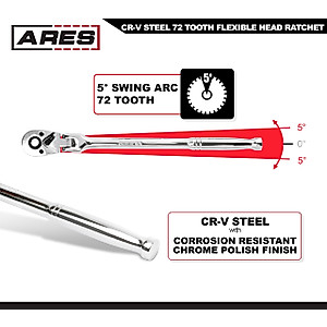 ARES 42026 - Flex Head Ratchet - 3/8-inch Drive 72-Tooth Ratchet - Premium Chrome Vanadium Steel Construction & Chrome Plated Finish - 72-Tooth Quick Release Reversible Design with 5 Degree Swing