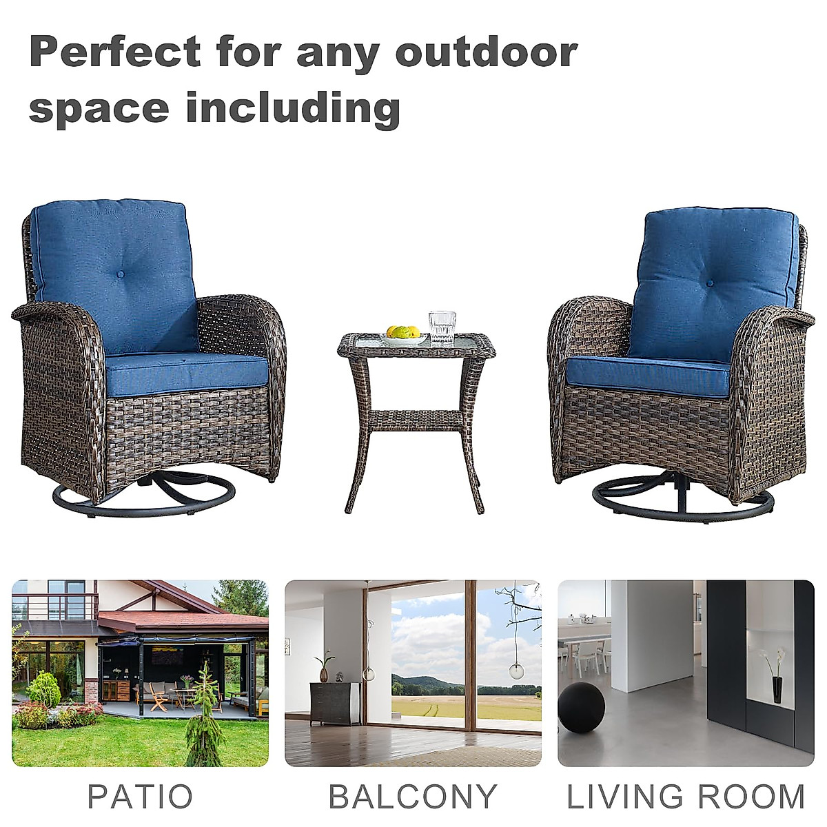 HUMMUH 5-Piece Patio Furniture Wicker Outdoor Conversation Set,All-Weather Rattan Swivel Chairs Bistro Set with Loveseat Coffee Table for Backyard,Poolside,Deck(Brown/Blue)
