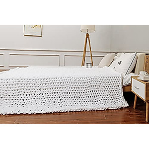 XPKWS Chunky Knit Throw Blanket Cozy Chenille Handmade Blanket for Bed Sofa Boho Chair Home Decor (White, 51"x63")