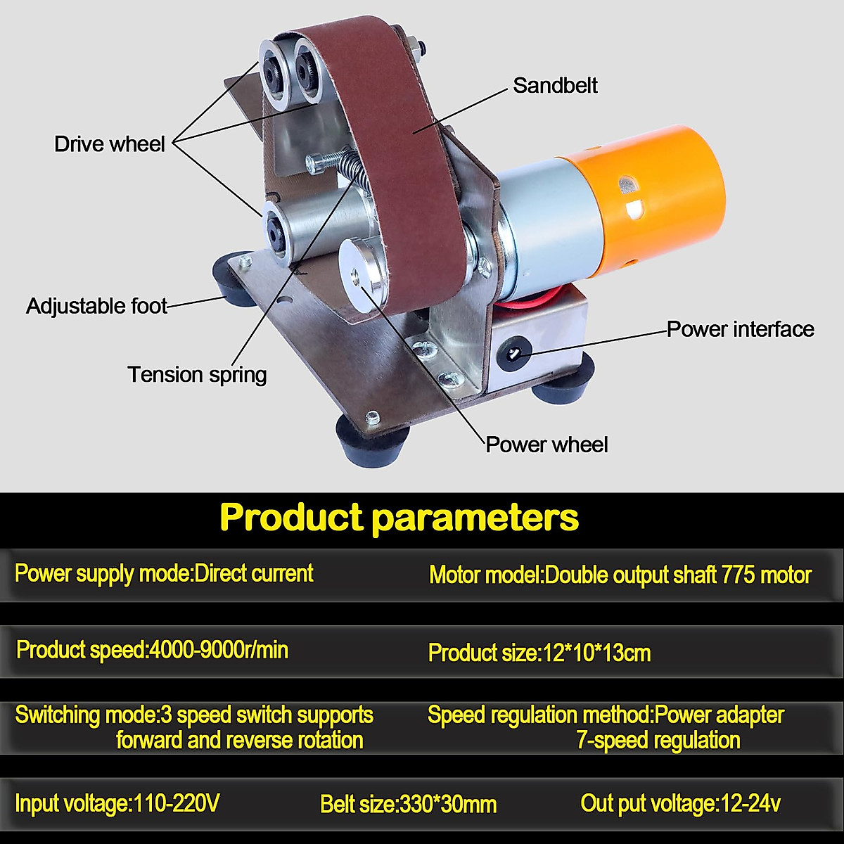 Hiqalty Electric Belt-Sander Polishing-Grinding Sharpener Adjustable -13 x 1.2in DIY Power Sanding Machine Mini Bench Belt Grinder Kit, Multifunctional for Knife Making, Woodworking(mini belt sander)