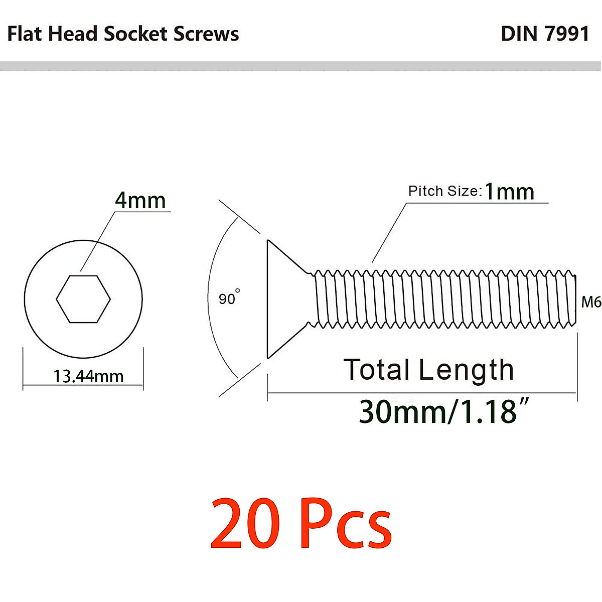 20 Pcs M6-1 x 30mm Flat Head Socket Cap Screws Bolts, Stainless Steel 18-8 (304), Bright Finish, Allen Socket Drive,Machine Screws Inner Hex Screw Fasteners Bolts