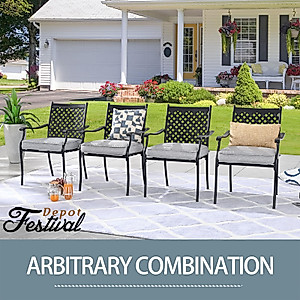 Festival Depot 8-Piece Outdoor Patio Furniture Outdoor Wrought Iron Dining Chairs Set for Porch Lawn Garden Balcony Pool Backyard with Arms and Cushions (8Pcs, Grey)