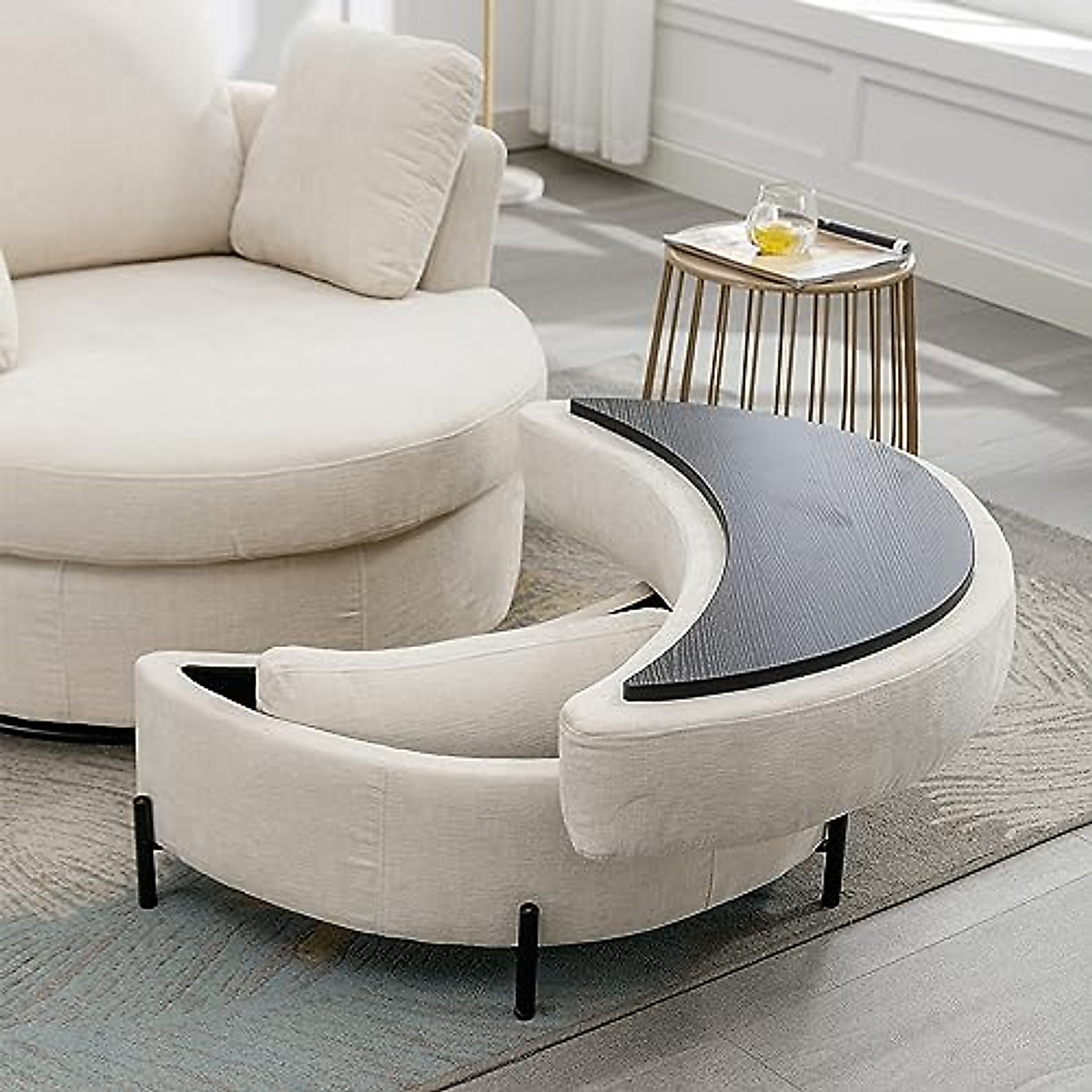 360° Swivel Accent Barrel Chair and Half Crescent Moon Storage Bench Large Ottoman with 4 Pillows,Upholstered Oversized Leisure Round Loveseat Recliner Sofa Chaise Lounge Circle Armchair for Club