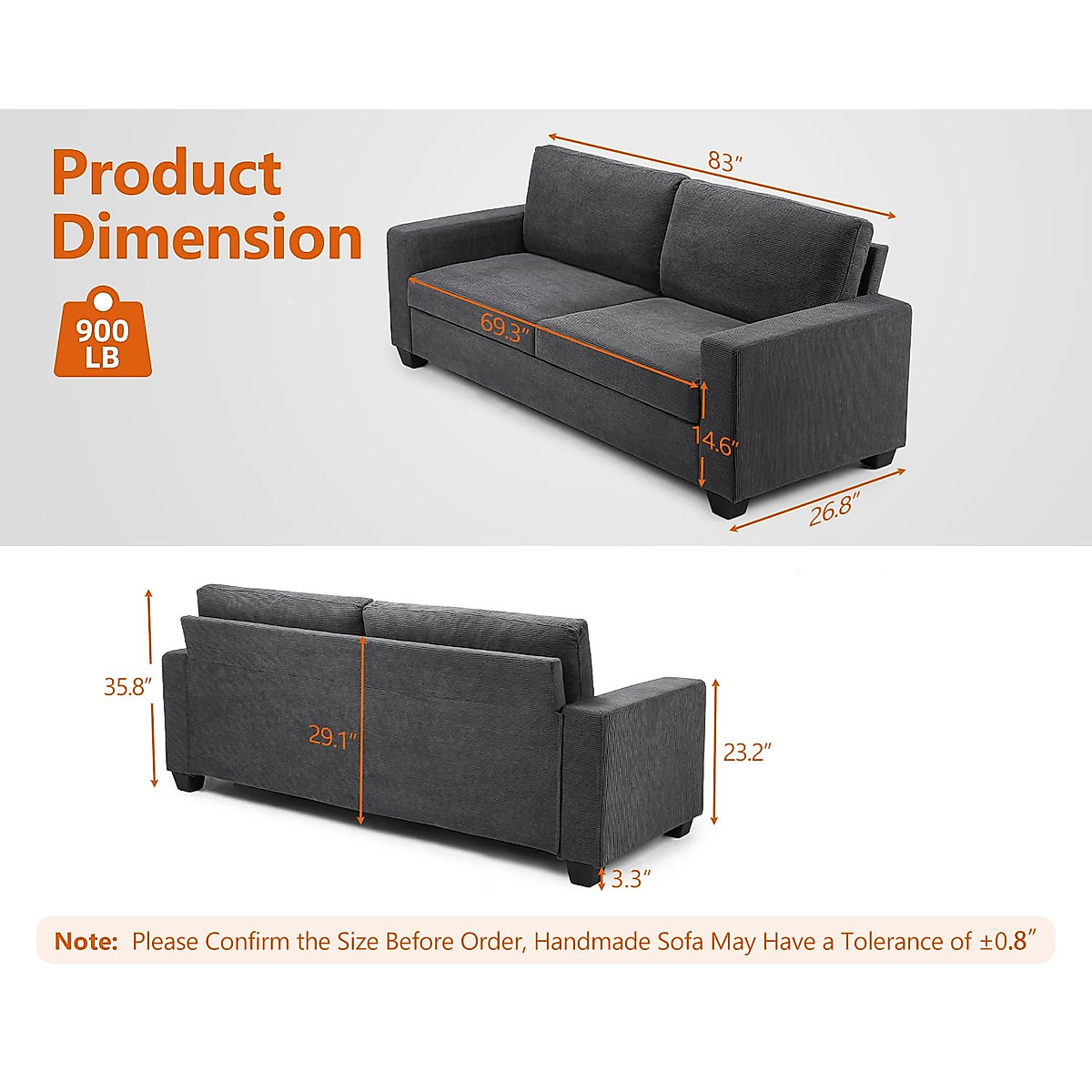 GAOMON Couch for Living Room 83-inch Comfy Sofa Couch 3 Seater Couch Modern Sofa with Deep Seat for Bedroom Apartment Home Office (Corduroy)