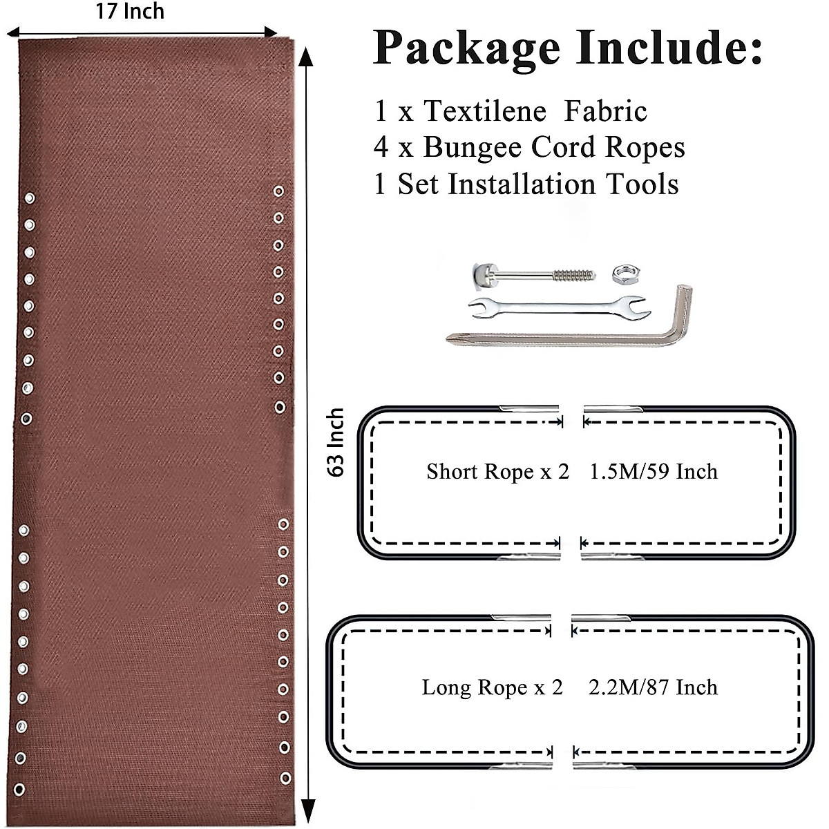 SANXIA Zero Gravity Chair Replacement Fabric with 4 Bungee Cord Kit, Repair Cloth with Replacement Lace Cord, Fix Tools for Anti Gravity Lounge Chairs Outdoor Recliners (Advanced Brown, 17" Wx63 H)