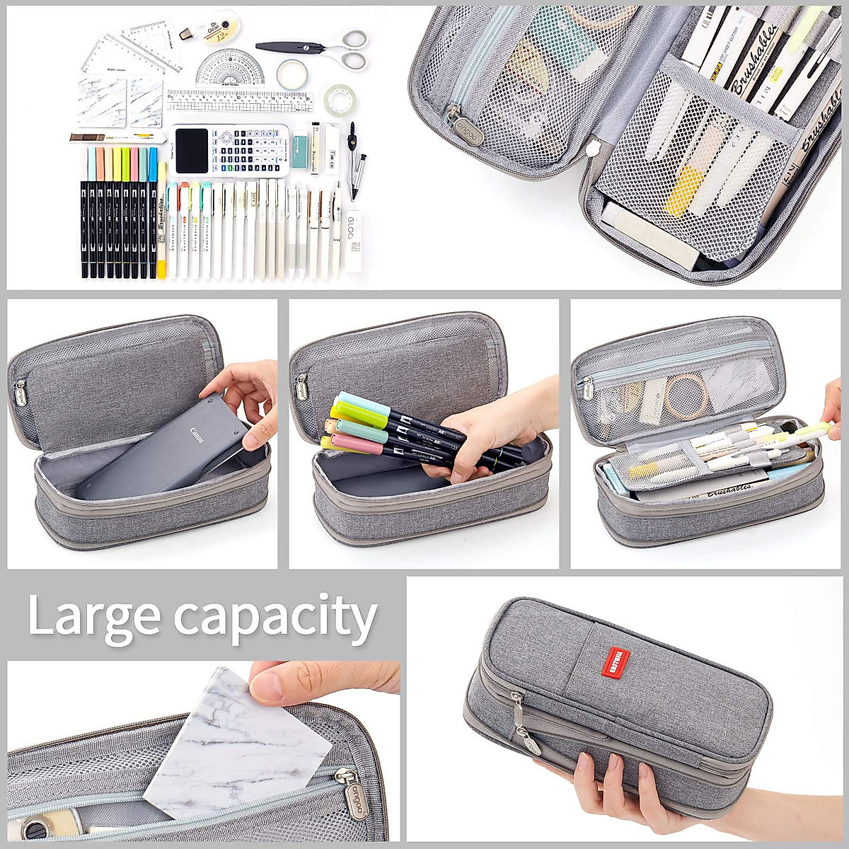 EASTHILL Big Capacity Pencil Pen Case Office College School Large Storage High Capacity Bag Pouch Holder Box Organizer (Gray)