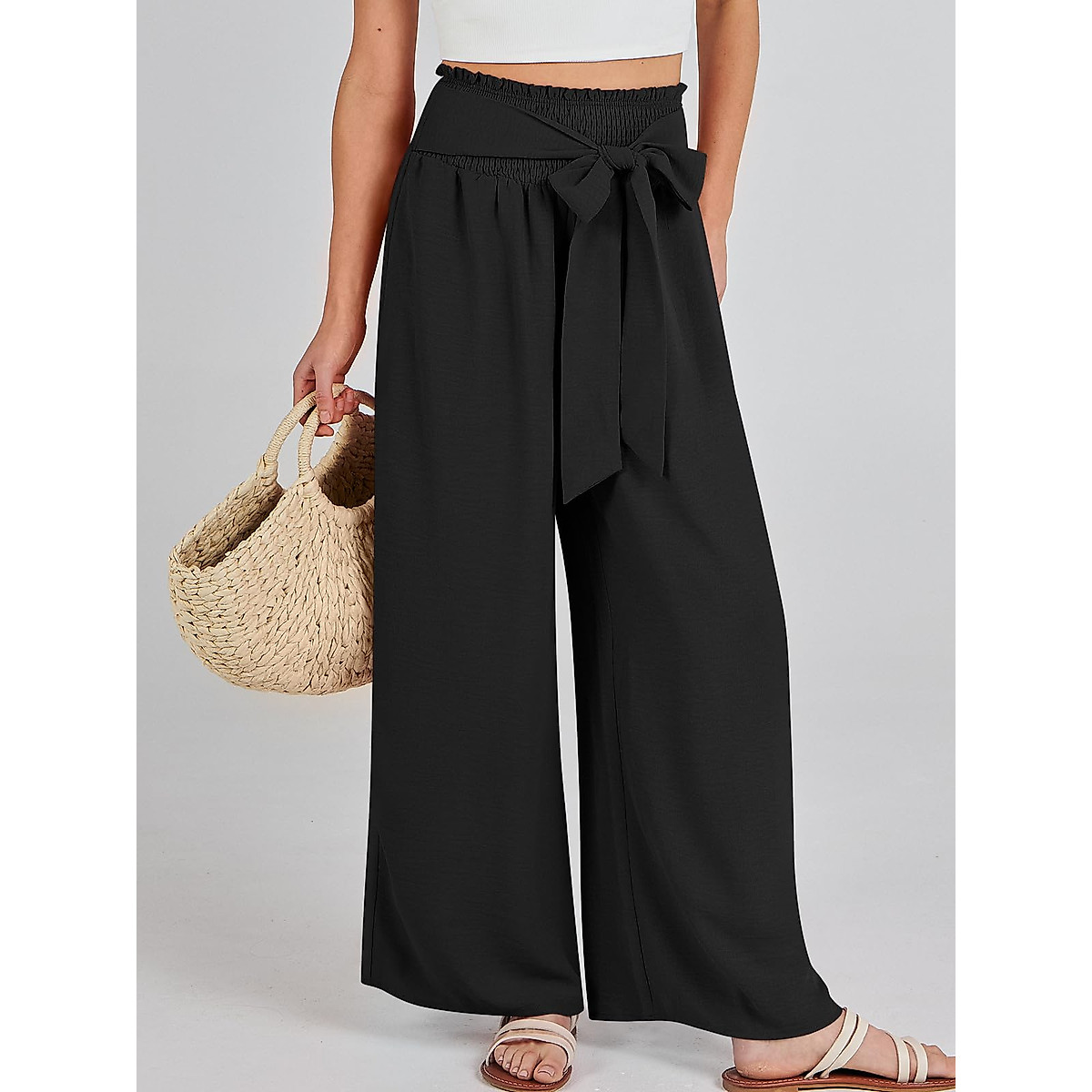 Caracilia Womens Summer Fall High Waisted Flowy Work Casual Boho Palazzo Pants Wide Leg Long Lounge Pant Trousers with Pocket Business Office Elastic Waist A1206heise-XL Black,X-Large