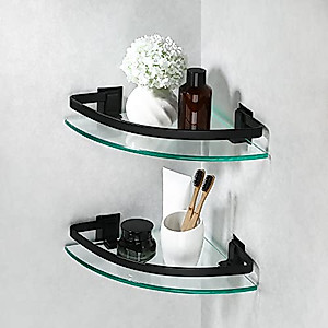 KES Bathroom Tempered Glass Shelf with Rail Extra 8 MM-Thick 2 Pack Aluminum Corner Triangle Storage Organizer Wall Mount Black, A4120A-BK-P2