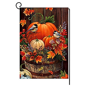 BLKWHT Fall Thanksgiving Pumpkin Small Garden Flag 12x18 Inch Vertical Double Sided Autumn Watercolor Bird Burlap Yard Outdoor Decor BW044