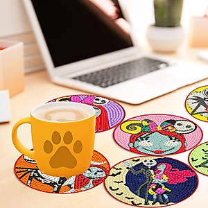 8 Pcs Halloween Diamond Paintings Coasters Kits with Holder, DIY Jack and Sally Coaster Diamond Art Kits,Full Drill Rhinestone Painting Kits for Adults & Kids,Beginners Art Craft Supplies