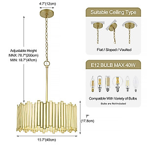Wrlmfy Gold Drum Chandelier 4-Light, Modern Drum Pendant Lighting Fixture with Tiffany Glass Shade, 16” Round Ceiling Hanging Light for Bedroom Dining Room Kitchen Entryway Living Room (gold)