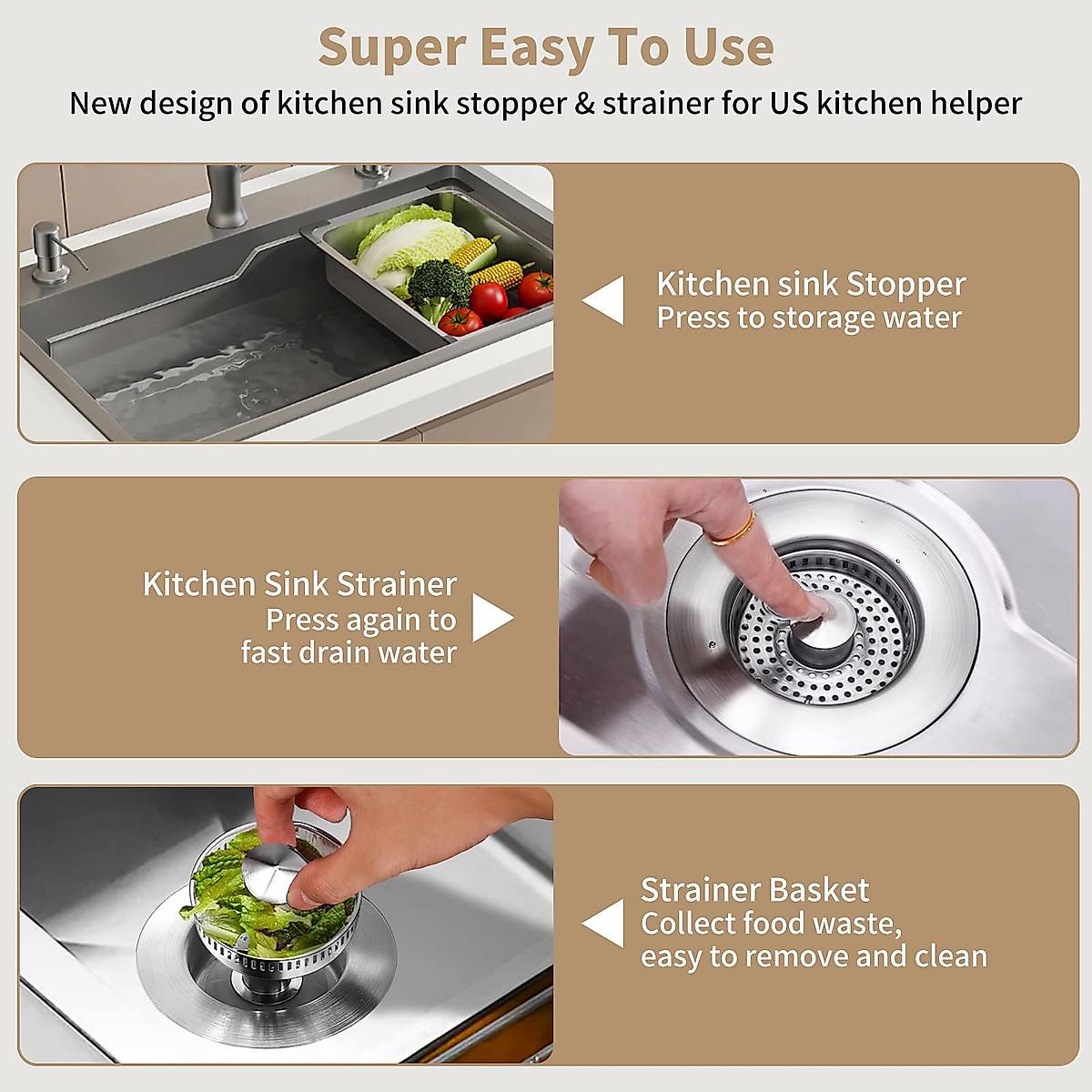 Universal Kitchen Sink Drain Strainer 3 in 1 【 304 Stainless Steel & Brass Material】 Pop Up Kitchen Sink Stopper with Metal Basket Strainer,Sink Strainer Stopper for US Standard 3 1/2" Kitchen Drain
