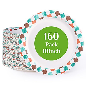 FOCUSLINE 10 inch Paper Plates, Disposable Paper Plates 10 inch Bulk 160 Count, Soak-Proof & Cut-Proof Bulk Paper Plates for Parties, Picnic and Family Gatherings.