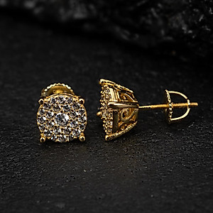 Round Flower Cluster Earrings for Men Women14K Yellow Gold 925 Sterling Silver Stud Earrings Hypoallergenic 5A CZ Stone 3D Flower Set Unisex Large 10mm Circle Screw On Earrings