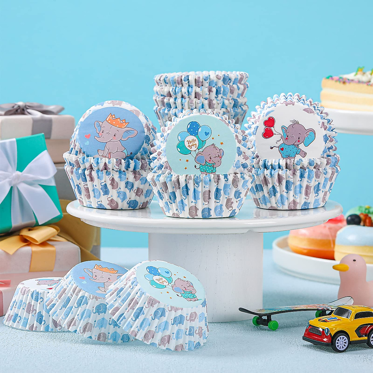 300 count Baby Shower Cupcake Liners Boy Elephant Muffin Cups Paper Liners Blue Cupcake Wrappers Baking Cups Baking Liners Holders for Baby Boy Birthday Party Decorations