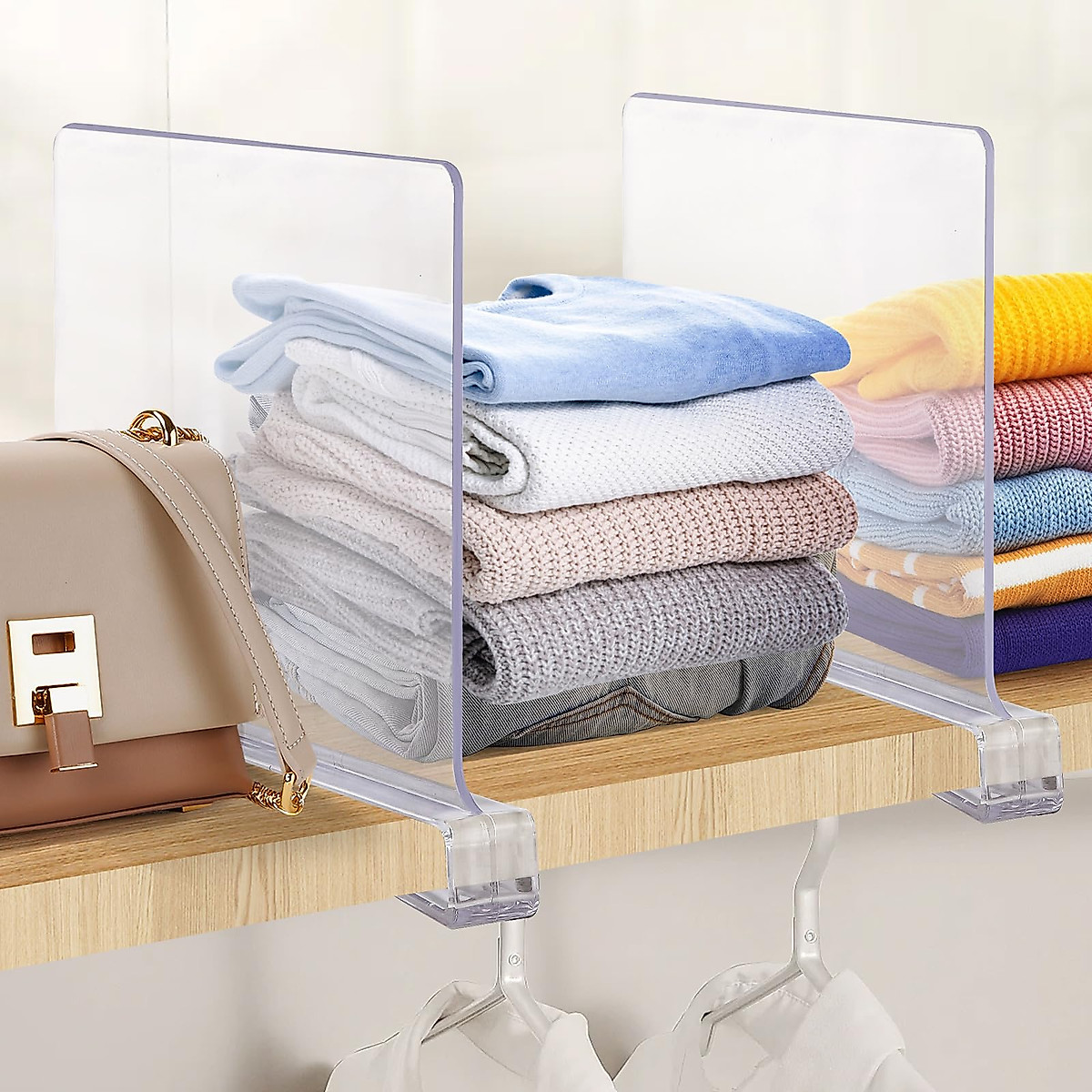 JOY DECOR 8 Pack Acrylic Clear Shelf Dividers for Closets Organizer and Storage Adjustable Vertical Wood Shelf Closet Separators for Clothes,Book,Bags in Bedroom and Kitchen