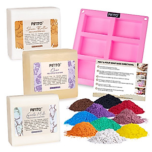 Pifito Soap Making Kit │ DIY Soap Making Supplies - 3 lbs Melt and Pour Soap Base (Goats Milk, Shea Butter, Clear), 10-Pack Mica Original Colorants Sampler, Mold and Instructions