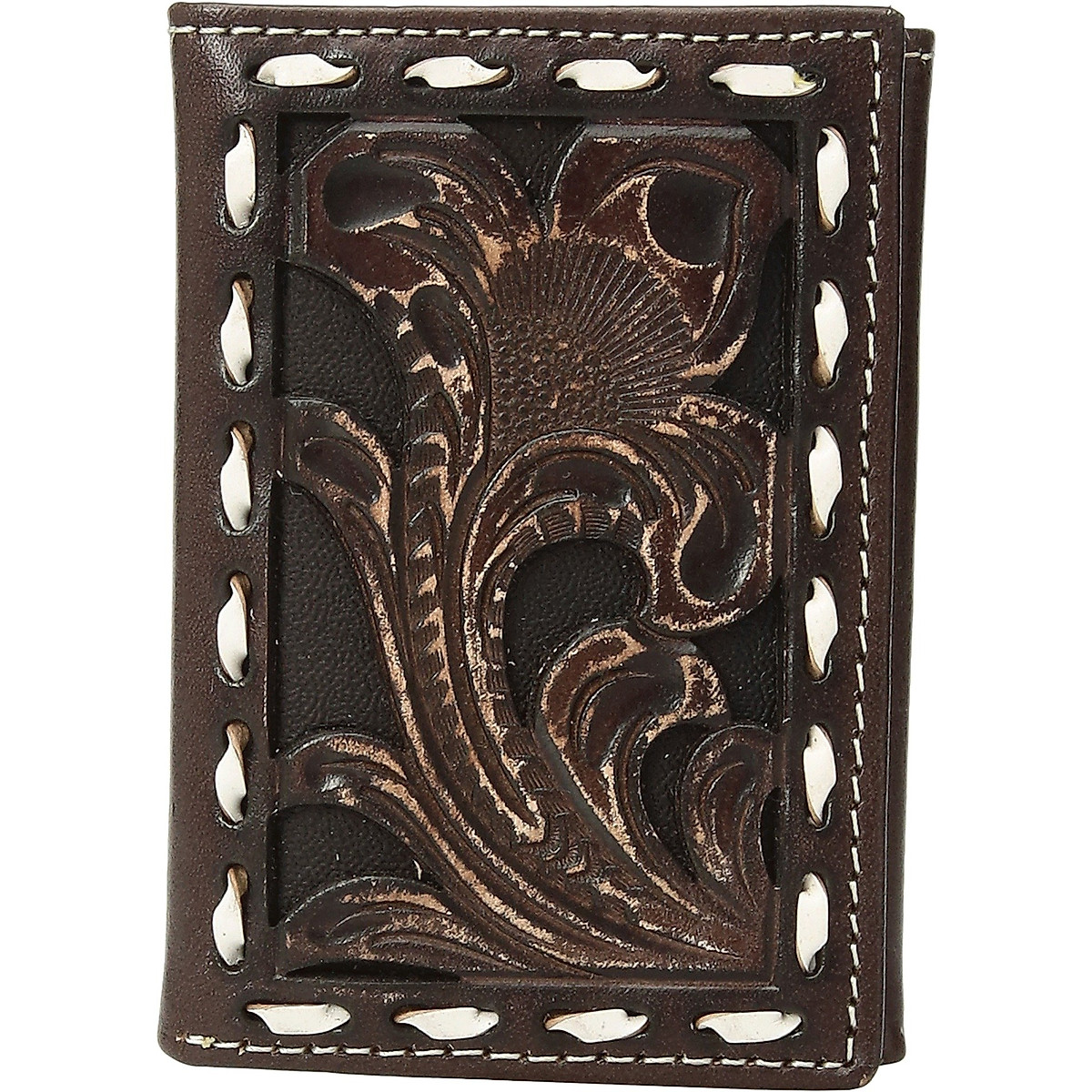 ARIAT Floral Inlay Buck Edge Trifold Wallet Accessory, Brown, NA