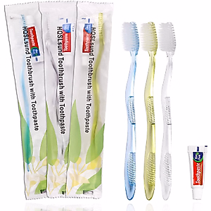 HQSLsund 120 Pack Disposable Toothbrushes with Toothpaste Individually Wrapped, Manual Travel Disposable Toothbrushes Bulk with 5g Travel Toothpaste, Adult Kid Travel Toiletries,3 Colors