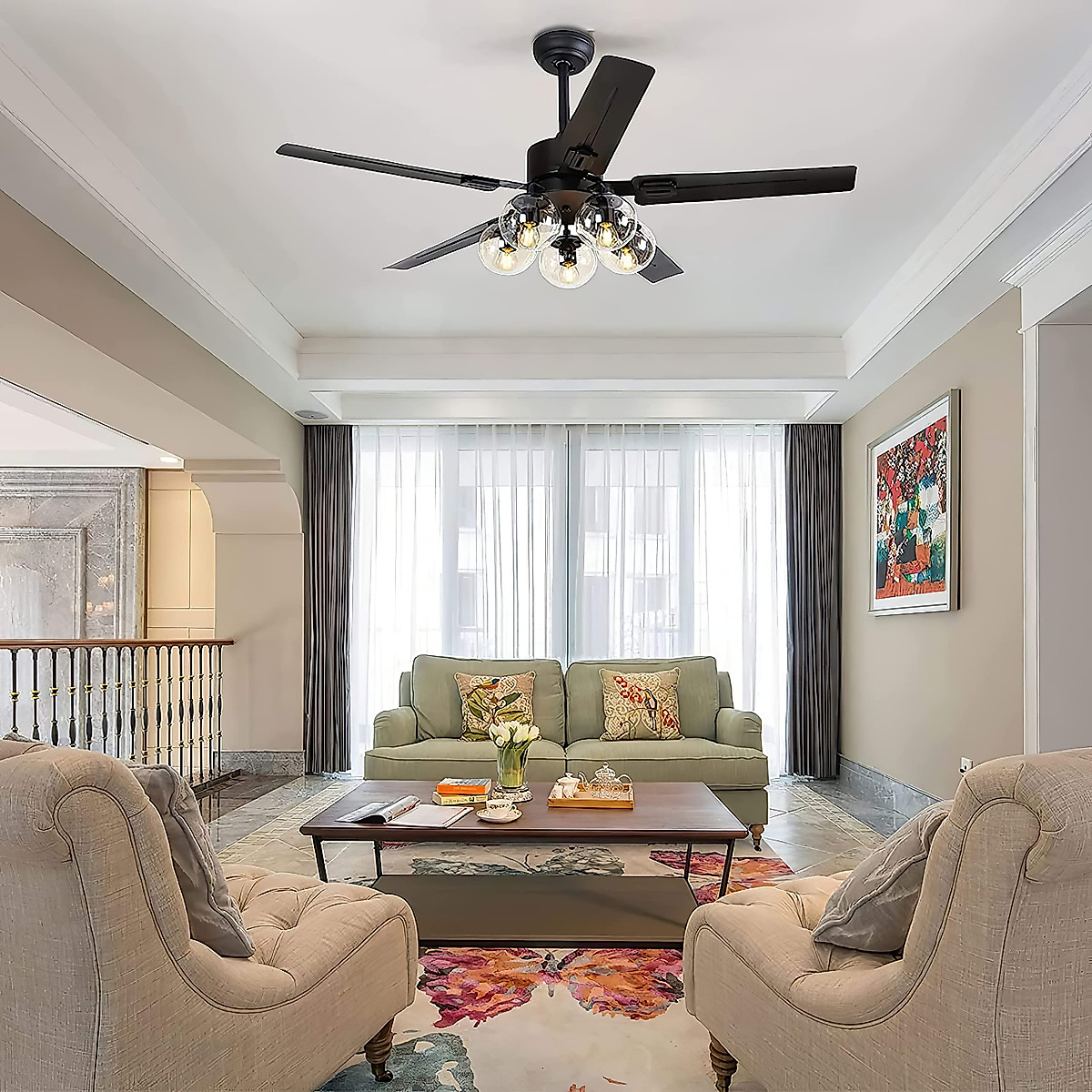 Black Ceiling Fan with Light and Remote 6 Speed Mute Metal Reversible Blades 5 Light 52" for Indoor Industrial Rustic Farmhouse Bedroom Living Room Dining Room