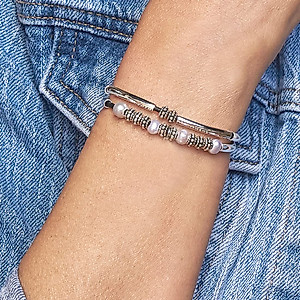 Lizzy James Kendall Adjustable 2 Strand Silver & Natural Black Leather Bracelet with Pearls for Women