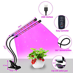 SDOVUERC Grow Lights for Indoor Plants, Full Spectrum LED Plant Lamps with Clips and 3m Cables for Seeding Growing(2 Pack)