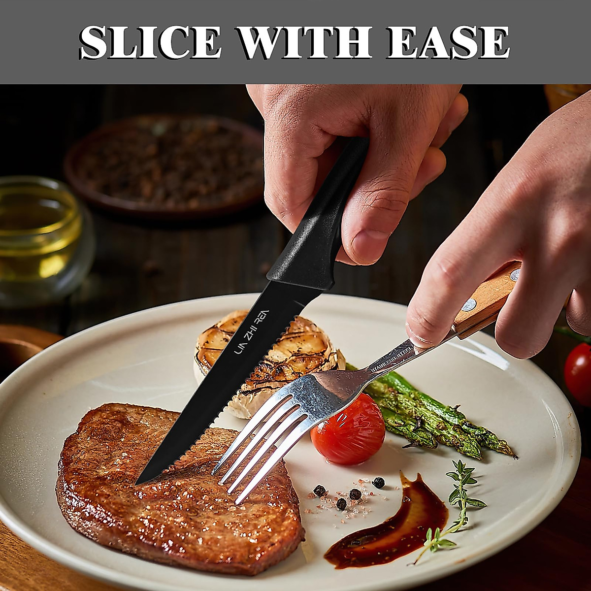 LIN ZHI REN Steak Knives,Serrated Steak knife,High-Carbon Stainless Steel,Ergonomic Handles,For Restaurant Kitchen Tableware Camping,Dishwasher Safe (16 Pcs - Black)