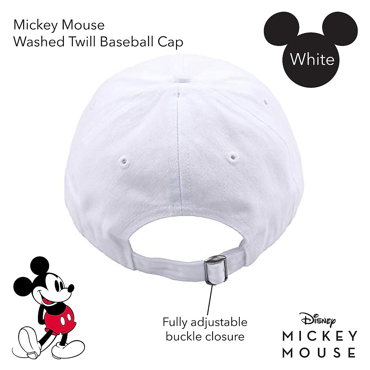 Disney Mickey Mouse Embroidered Cotton Adjustable Dad Hat with Curved Brim, White Washed, One Size