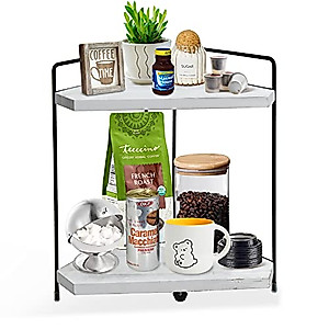 Farmhouse Corner Shelf for Counter, 2 Tier Corner Bathroom Organizer Countertop, Coffee Station Organizer Shelf for Coffee Cups Coffee Syrups, Corner Storage Shelf Counter Standing Rack(White)