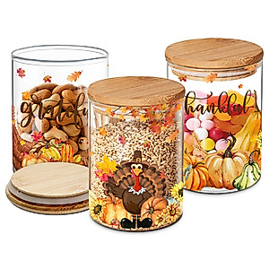 Thanksgiving Decorations 3 Pack Glass Storage Jars with Lid, Orange Farmhouse Thanksgiving Fall Decorations Indoor Kitchen Storage, Turkey Pumpkins Canister Sets for Counter Countertop, Container Sets