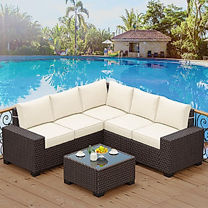 GAOMON 6 Piece Patio Furniture Sets,Outdoor Patio Sofa,Rattan Furniture Set with Glass Table,Wicker Sectional Sofa Conversation Couch,Cushions and Beige Pillows,for Lawn, Garden, Backyard