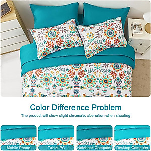 DHSFKBE Boho Comforter Set Twin - 5 Pieces Bed in a Bag Floral Medallions Design, Bohemian Comforter Set with Sheets, Soft Microfiber Complete Bedding Sets All Season (Teal Blue, Twin)