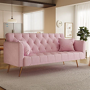 SumKea 71'' Modern Velvet Futon Sofa Bed, Loveseat Sofa, Convertible Folding Sleeper Couches with Adjustable Backrests and 2 Pillow, Lounge Sofa with Golden Chrome Legs, Pink