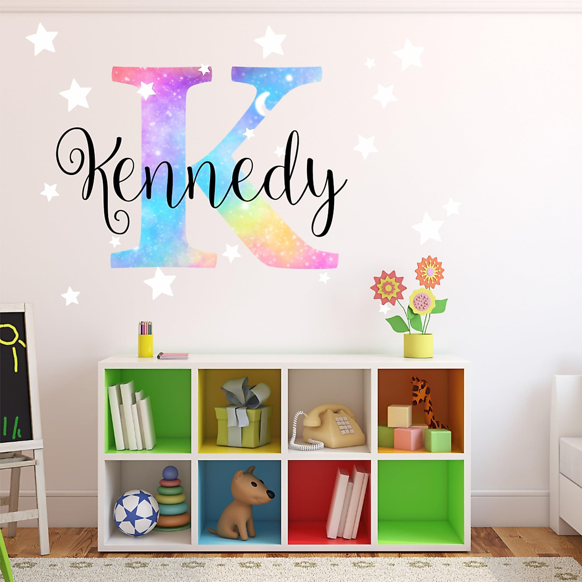 Girls Nursery Shimmer Rainbow Printed Initial and Stars Custom Personalized Name and Initial Kids Vinyl Wall Decal, Wall Sticker Decor for Babies (Multi-Size Choices). (Shimmer Rainbow)