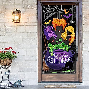 Deroro Halloween I Smell Children Door Cover Decorations, Sanderson Sisters Witches Hocus Pocus Front Door Banner Background, Spider Web Bats Black Cat Holiday Indoor Outdoor Home Decor 3 x 6 FT