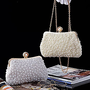 ASPHODELCHIC Women Pearl Evening Bag Bride Beaded Clutch Purse Cream White for Wedding Party (Ivory white) Small
