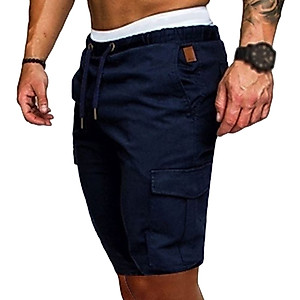 Men's Elastic Waist Multi Pockets Shorts Lightweight Military Cargo Short Pants Drawstring Relaxed Fit Army Short (Dark Blue,Large)