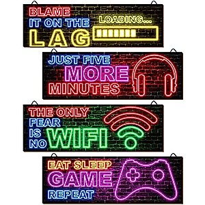 clothmile 4 Pcs Neon Gaming Decor for Boys Room Wooden Video Game Wall Art Motivational Quote Gamer Hanging Plaques Inspirational Wall Decor for Boys Kids Room Bedroom Playroom Decorations